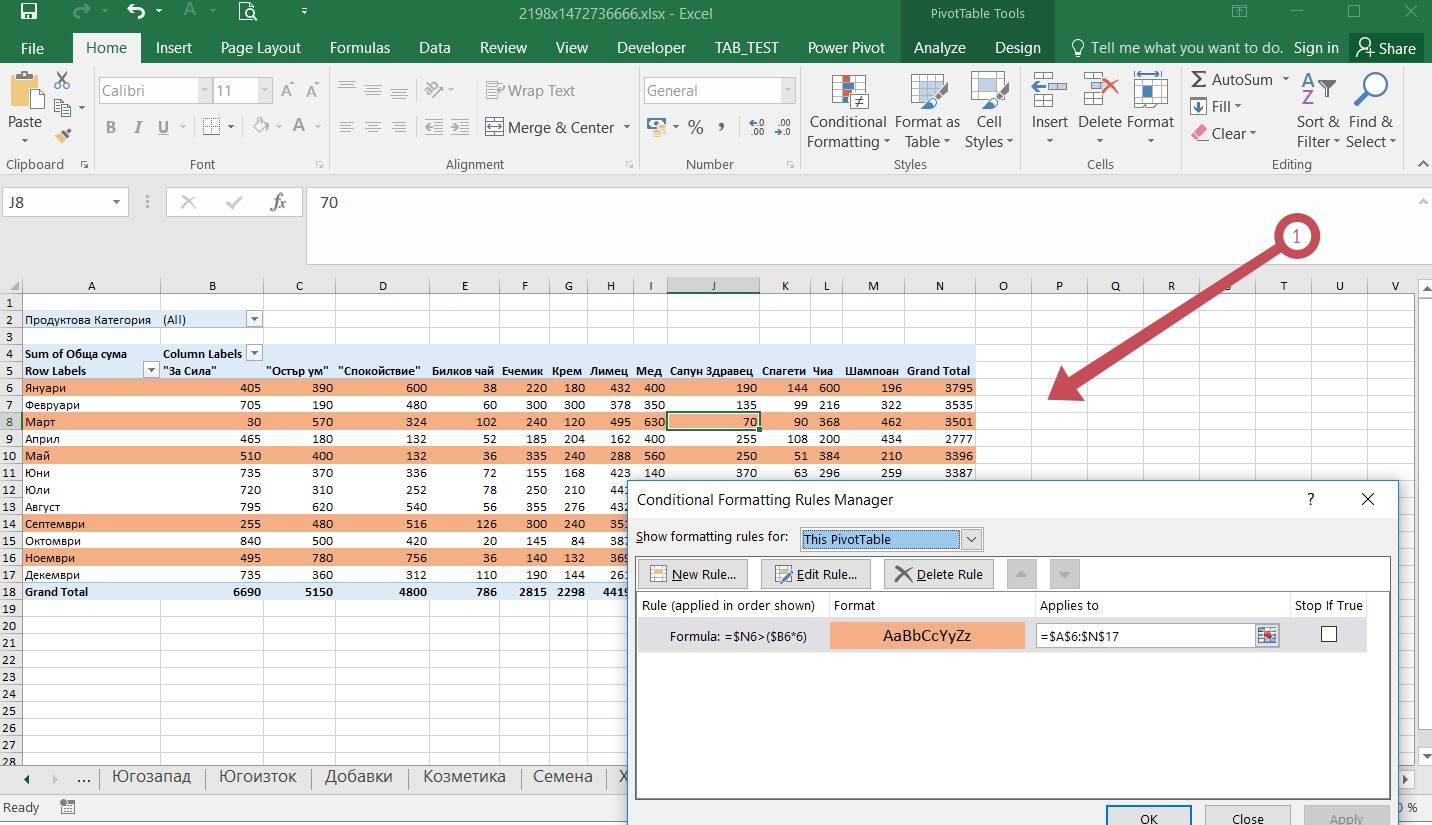 Как да оцветим клетки в Pivot таблица по условие Аула бг